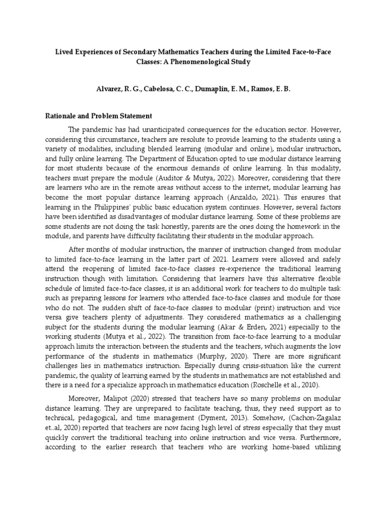 Lived Experiences of Secondary Mathematics Teachers During The Transition From Modular ...