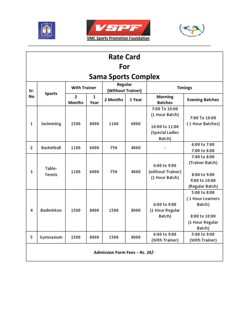 VSPF Rate Card - Sama Sports Complex | PDF