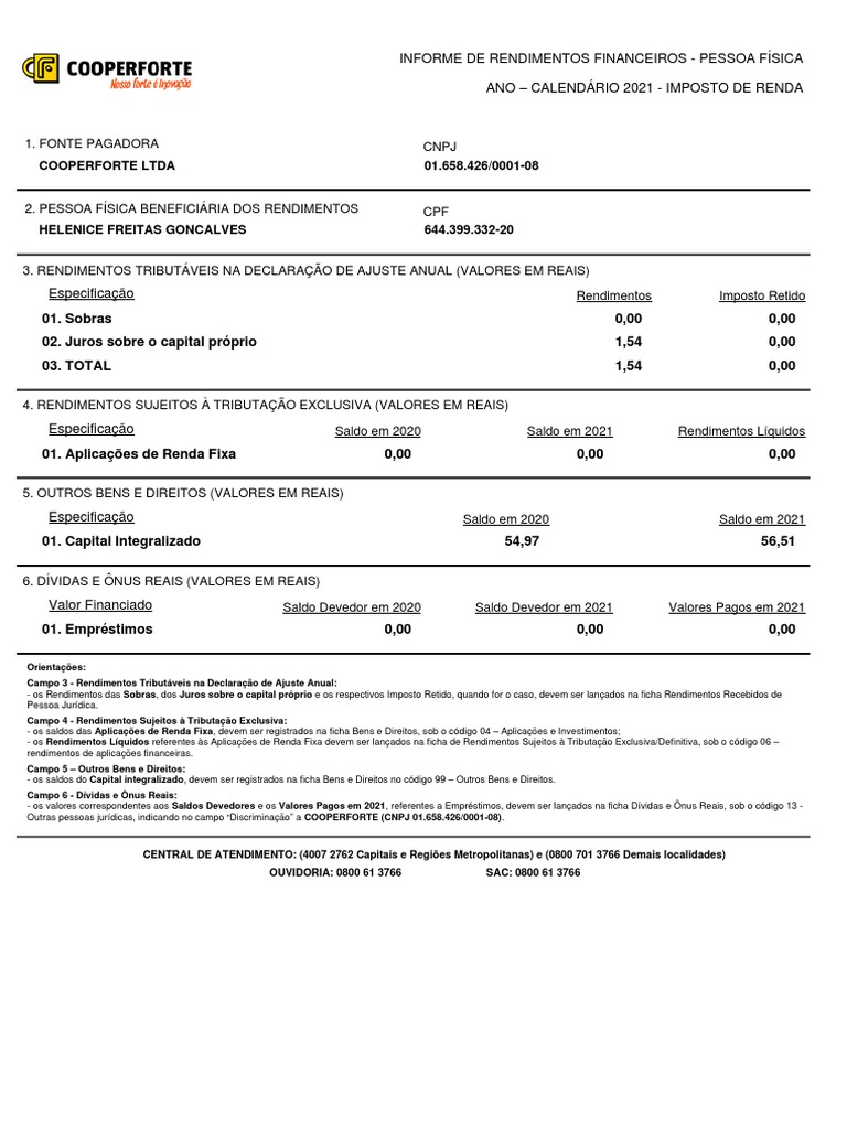 Informe de Rendimentos Financeiros - Pessoa Física Ano - Calendário ...