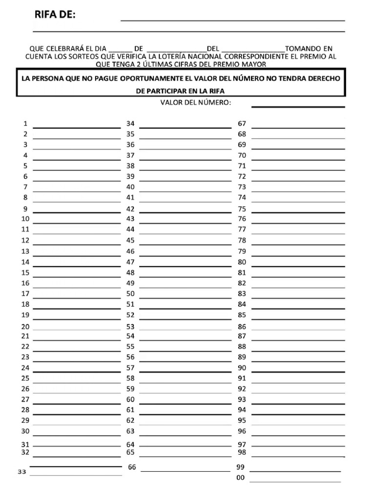 Hoja para Rifa 100 Numeros | PDF