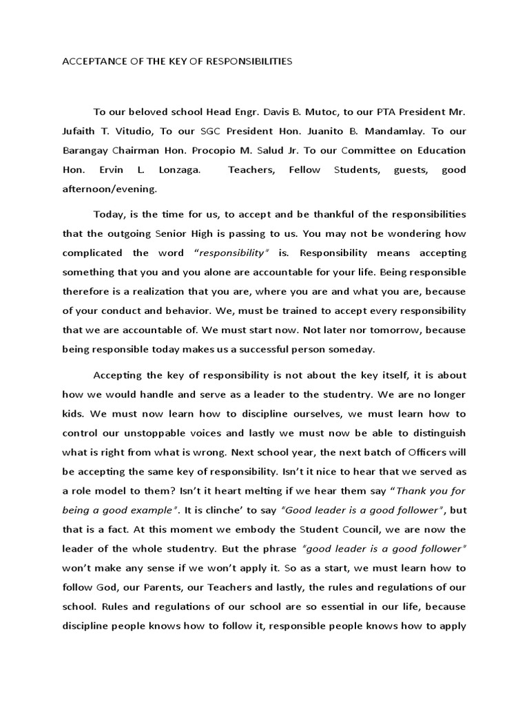 Acceptance of The Key of Responsibilities | PDF