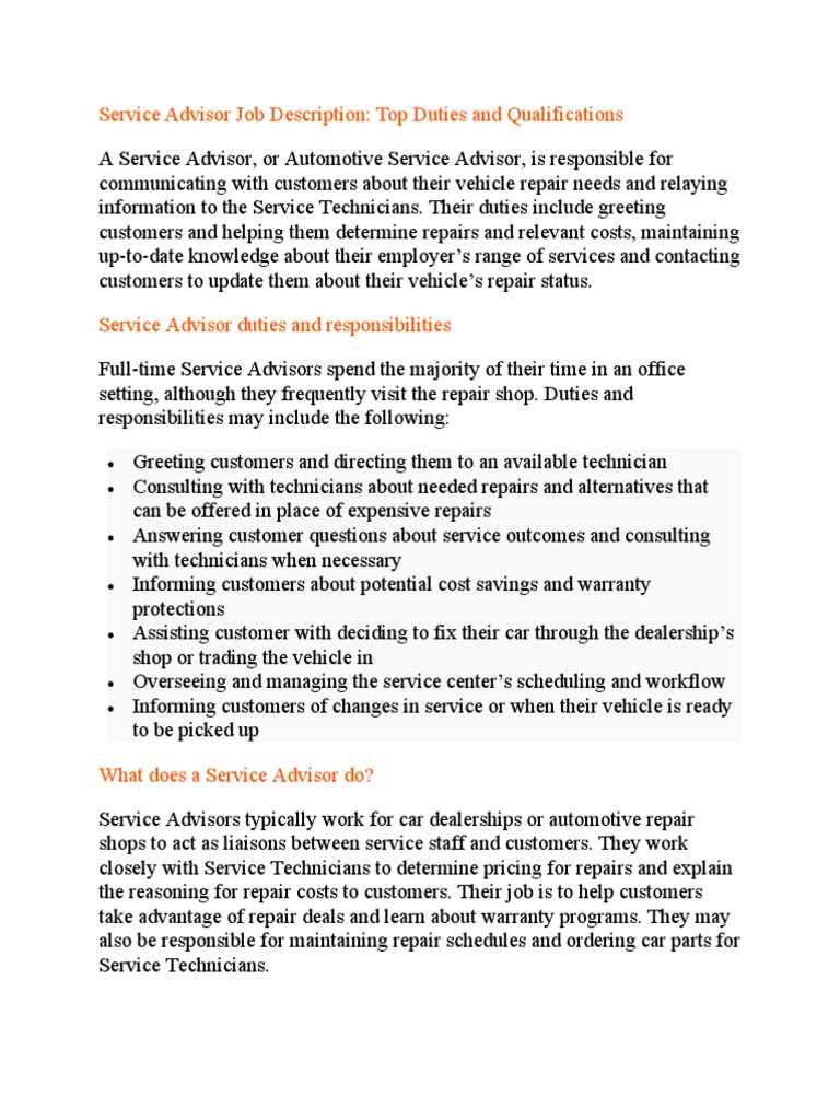 Service Advisor Job Description | Download Free PDF | Business