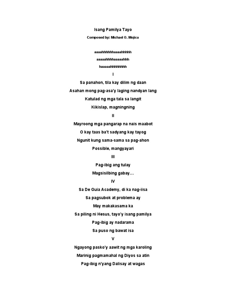 Isang Pamilya Tayo-Lyrics | PDF