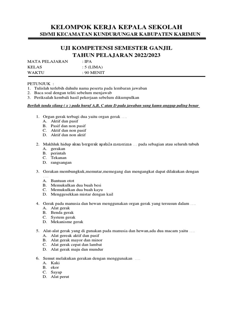 IPA-5-Uji Kompetensi Semester Ganjil 2022-2023 | PDF
