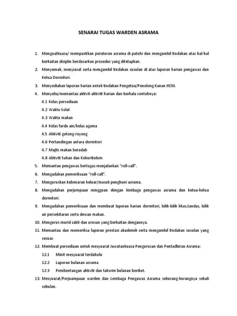 Senarai Tugas Warden Asrama | PDF