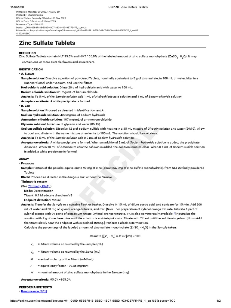 USP-43-NF Zinc Sulfate Tablets | Download Free PDF | Titration | Chemistry