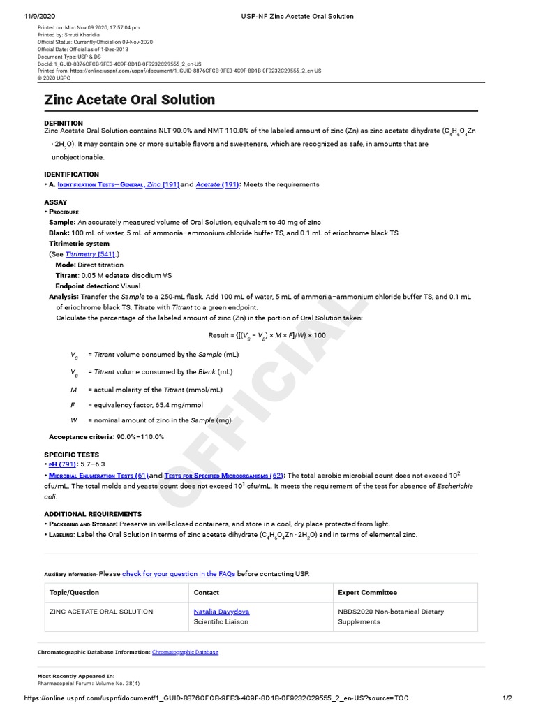 USP-43-NF - Zinc Acetate Oral Solution | PDF | Titration | Chemistry