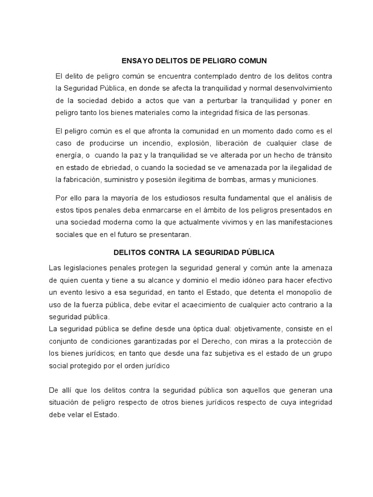 Ensayo Delitos de Peligro Comun | PDF | Derecho penal | Valores