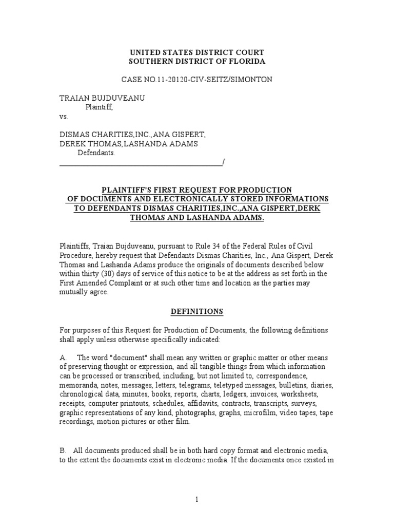 Plaintiff's First Request For Production of Documents | PDF