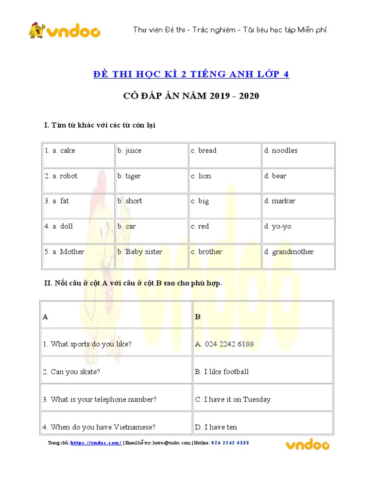 De Thi Cuoi Hoc Ki 2 Lop 4 Mon Tieng Anh | PDF