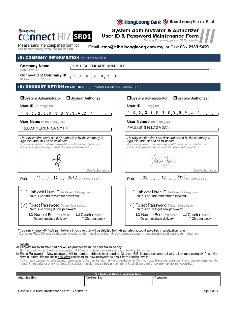 CBIZ SR01 User Maintenance Form V1a | PDF