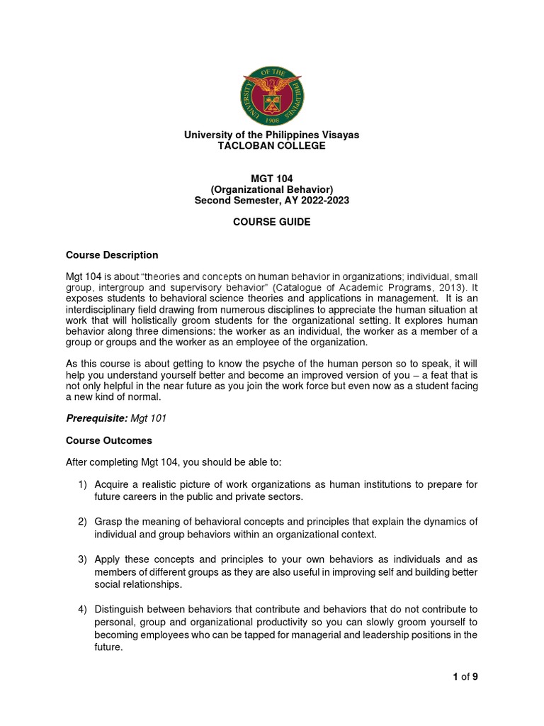 Course Guide - MGT 104 | PDF | Educational Technology | Organizational Behavior