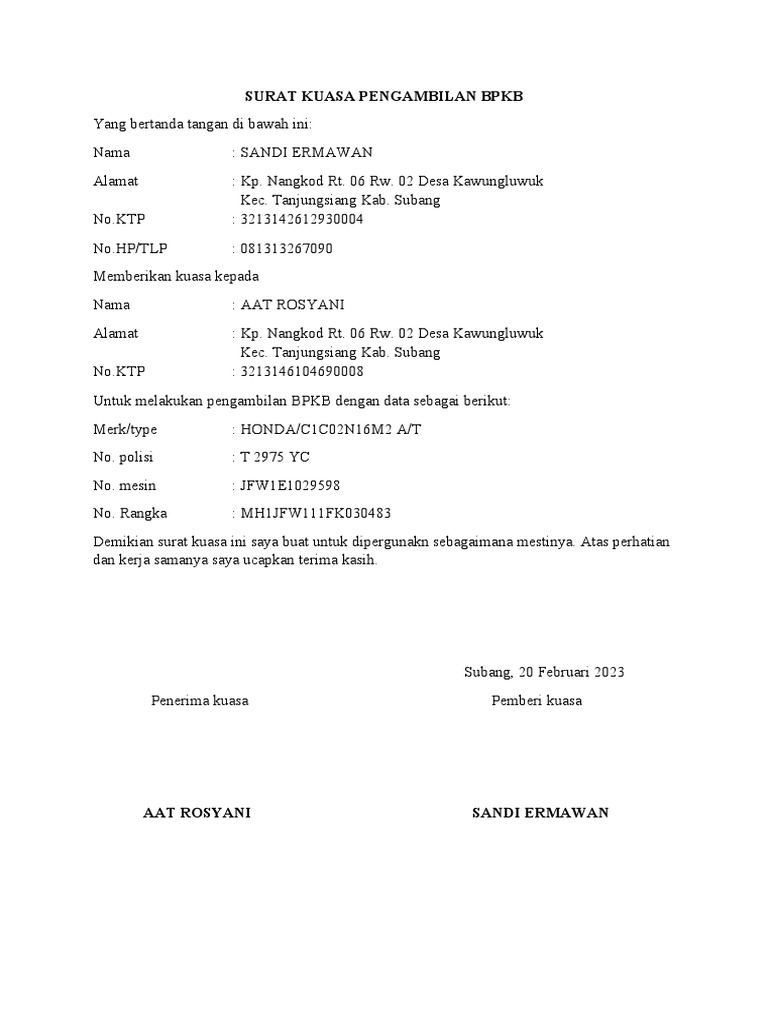 Surat Kuasa Pengambilan BPKB | PDF