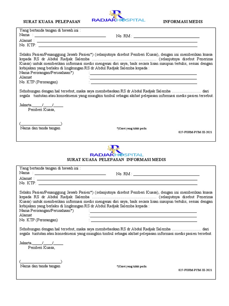 Surat Kuasa Pelepasan Informasi Medis | PDF
