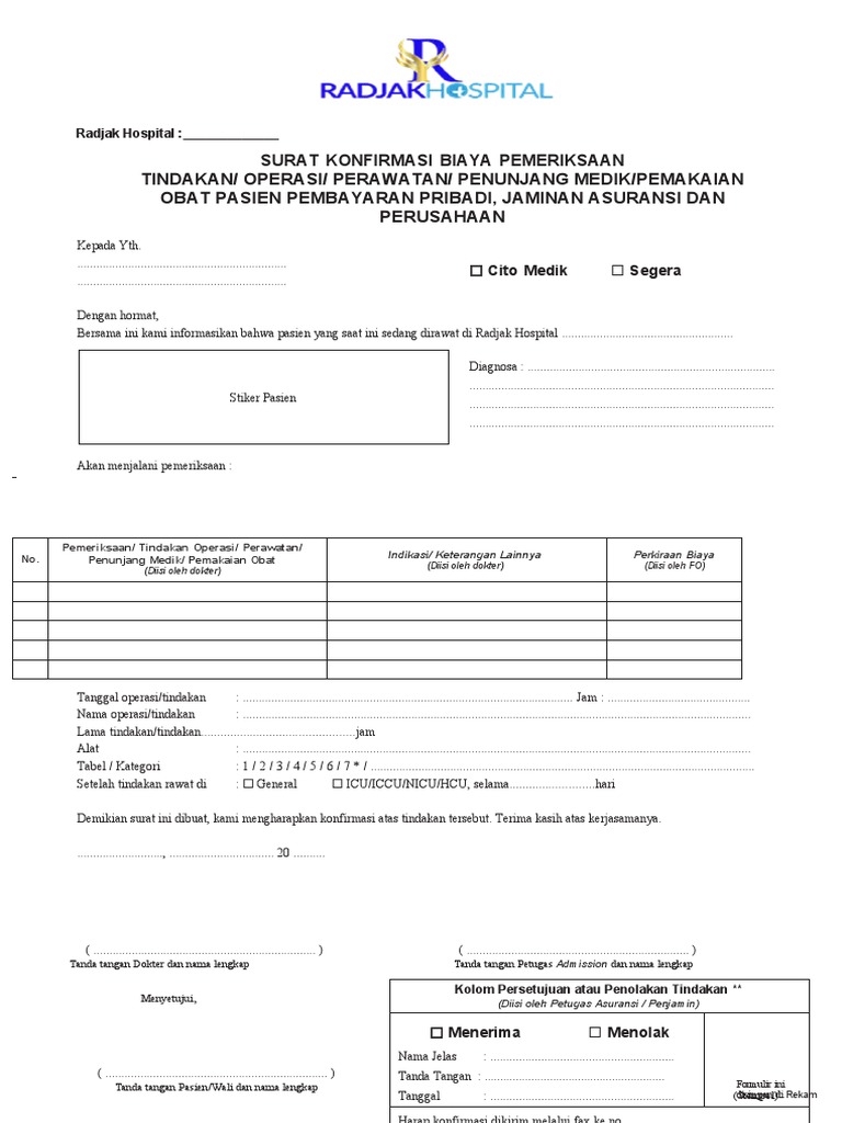 Surat Konfirmasi Biaya Pemeriksaan Tindakan Operasi Perawatan Penunjang ...