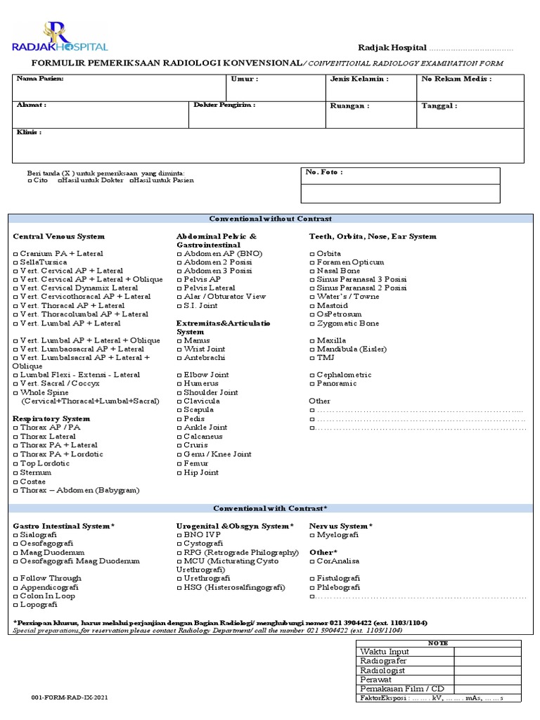 001 Form Rad Ix 2021 - Formulir Pemeriksaan Radiologi Konvensional | PDF