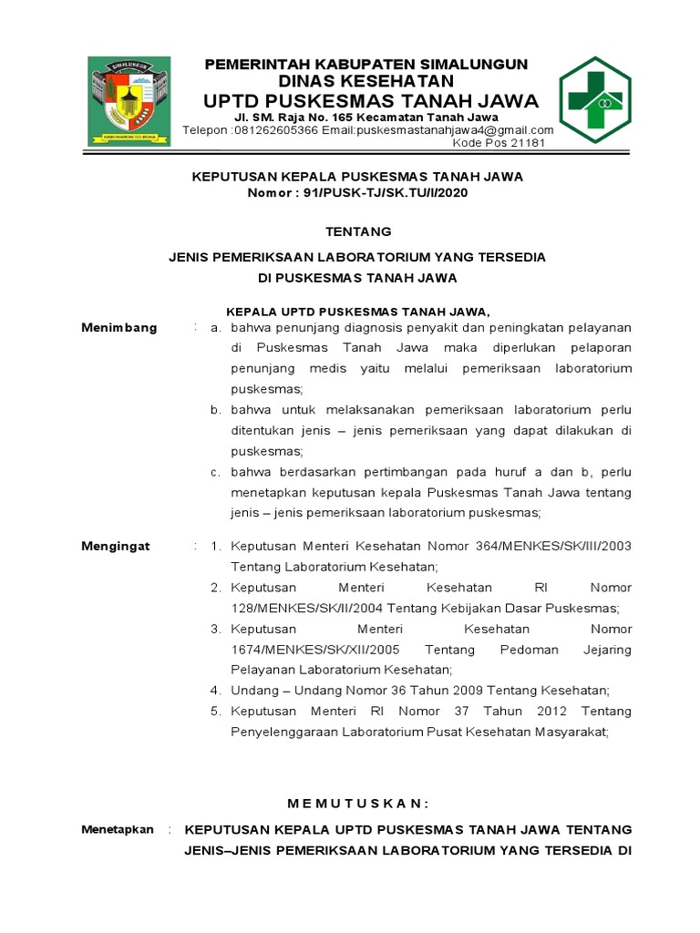 8.1.1.1 SK Jenis Pemeriksaan Laboratorium Yang Tersedia Di PTJ | PDF