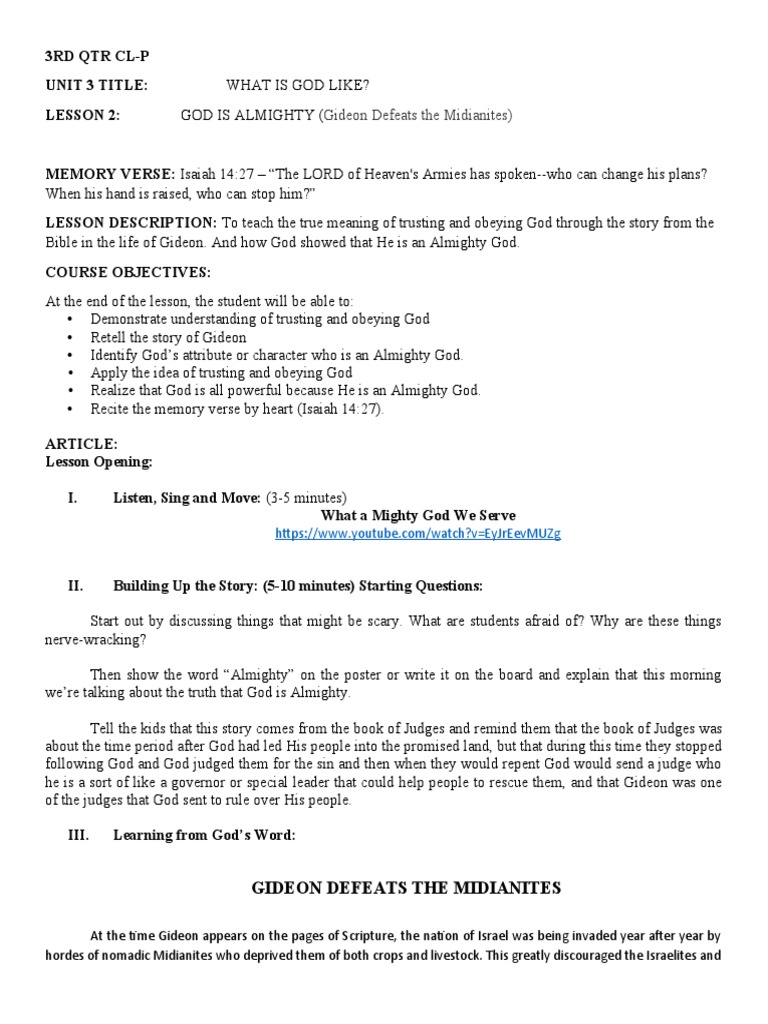 3RD-QTR-CL-P L2 - GOD IS ALMIGHTY (Gideon Defeats The Midianites) | PDF ...