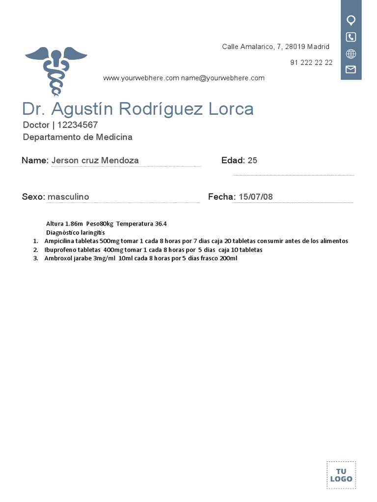 Dr. Agustín Rodríguez Lorca: Doctor - 12234567 Departamento de Medicina ...