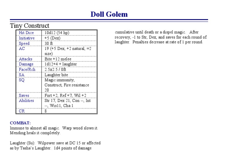 Doll Golem: Tiny Construct Stats & Abilities | PDF