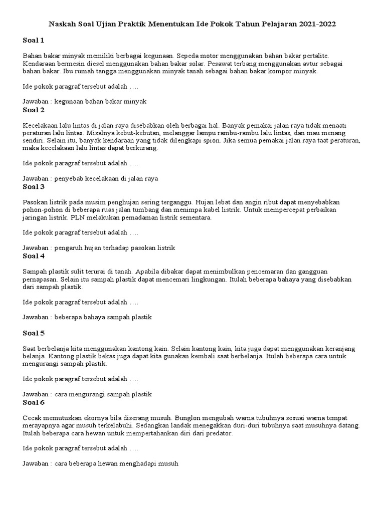 Naskah Soal Ujian Praktik Menentukan Ide Pokok Tahun Pelajaran 2021 | PDF