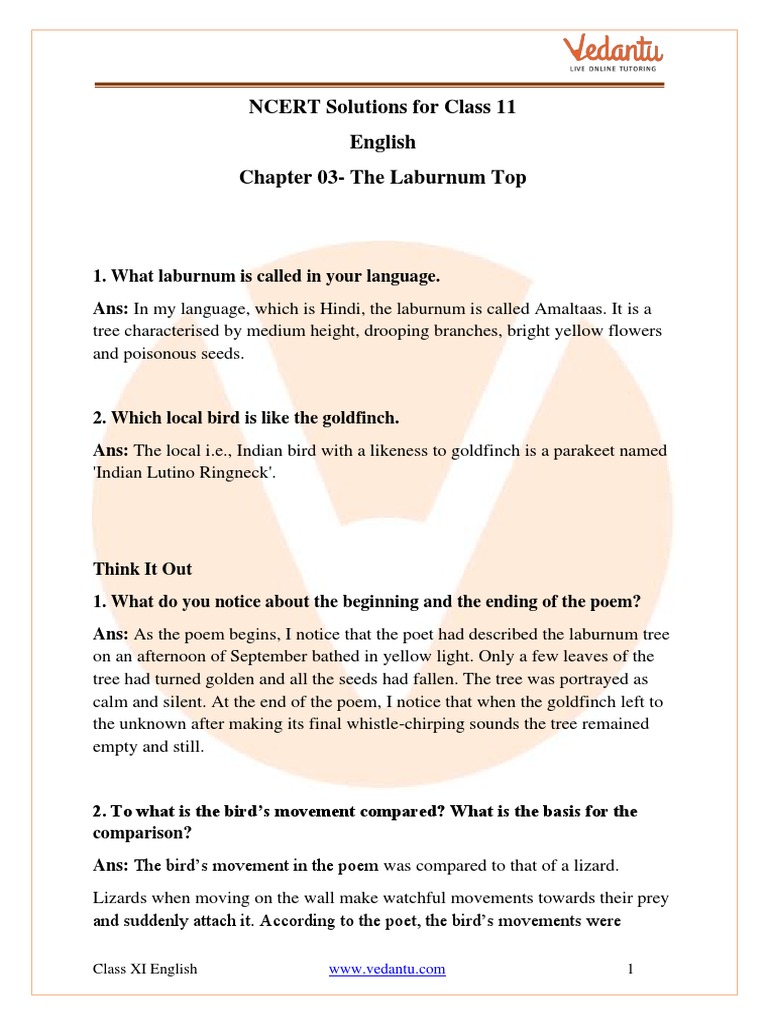 Class 11 English Hornbill Chapter 3 Poem - The Laburnum Top | PDF | Birds