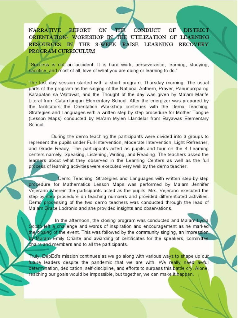 NARRATIVE REPORT 2nd Day 8-WEEK RAISE LRP | PDF | Teachers | Learning