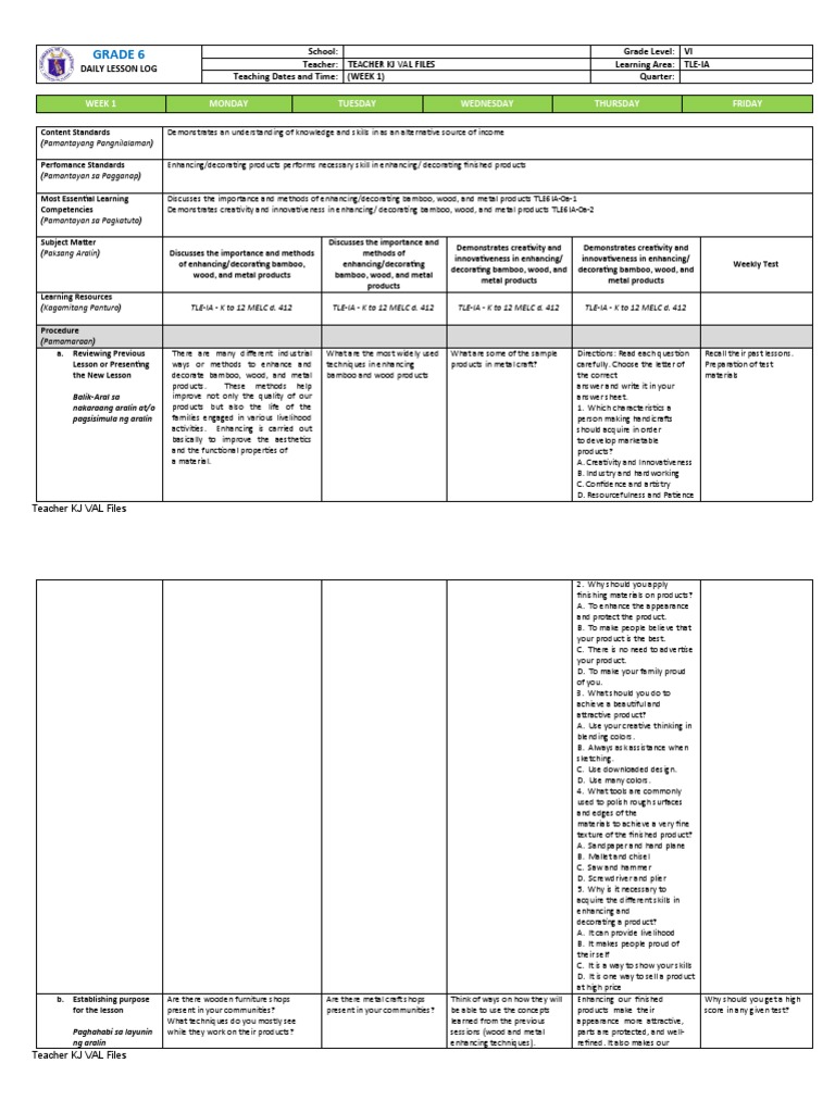 DLL TLE-IA6 WEEK 1 - Q2 by Teacher KJ VAL | PDF | Etching | Wood Carving