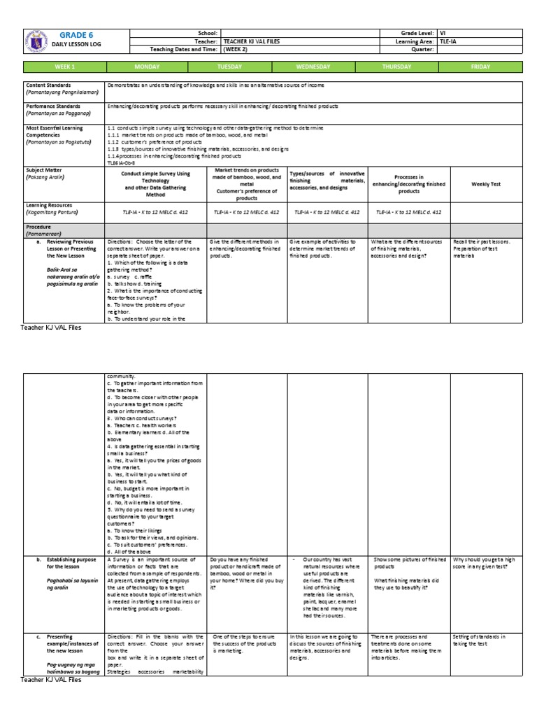 DLL TLE-IA6 WEEK 2 - Q2 by Teacher KJ VAL | PDF | Survey Methodology | Varnish