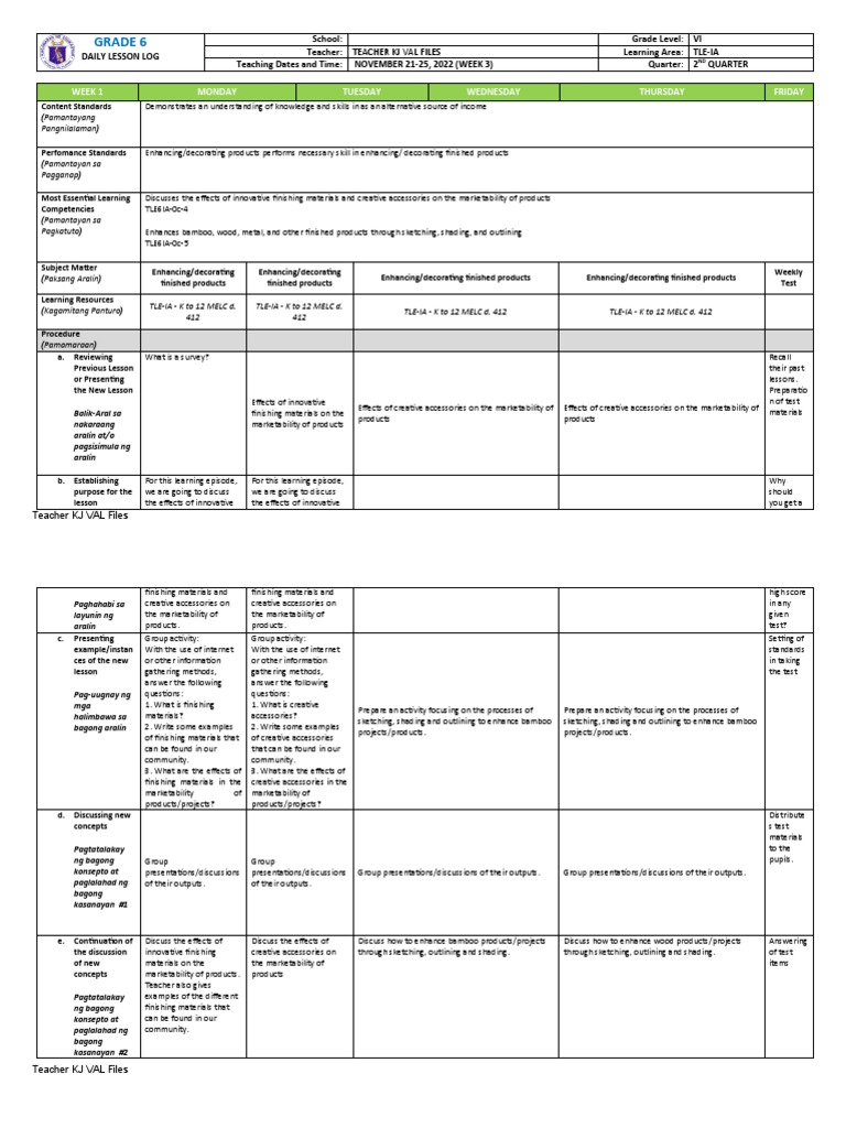 DLL TLE-IA6 WEEK 3 - Q2 by Teacher KJ VAL | PDF | Differentiated Instruction | Behavior Modification