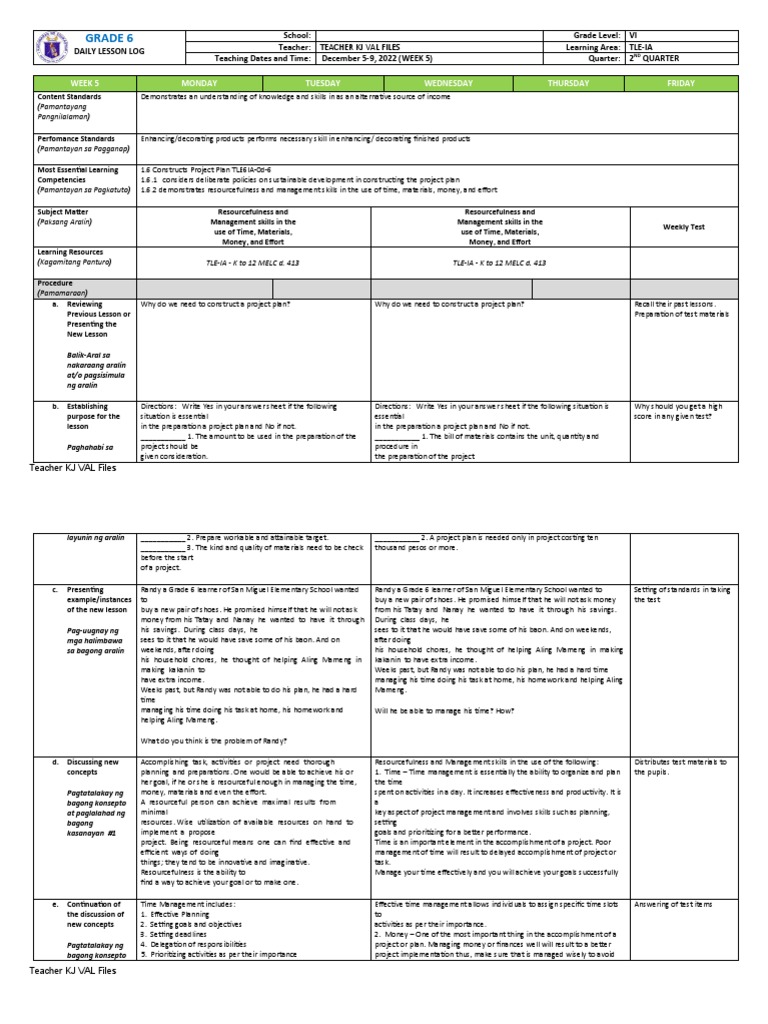DLL TLE-IA6 WEEK 5 - Q2 by Teacher KJ VAL | PDF | Differentiated ...