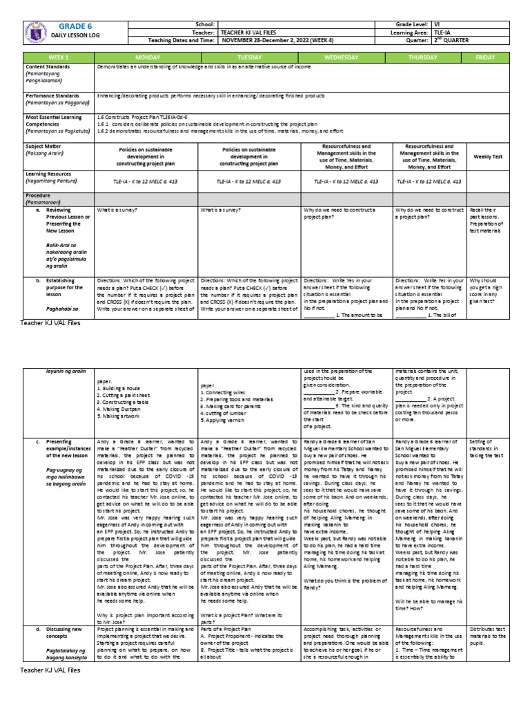 DLL TLE-IA6 WEEK 4 - Q2 by Teacher KJ VAL | PDF | Time Management | Professional Skills