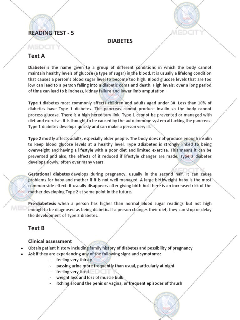Reading Test - 5 Diabetes Text A: Clinical Assessment | PDF | Diabetes ...