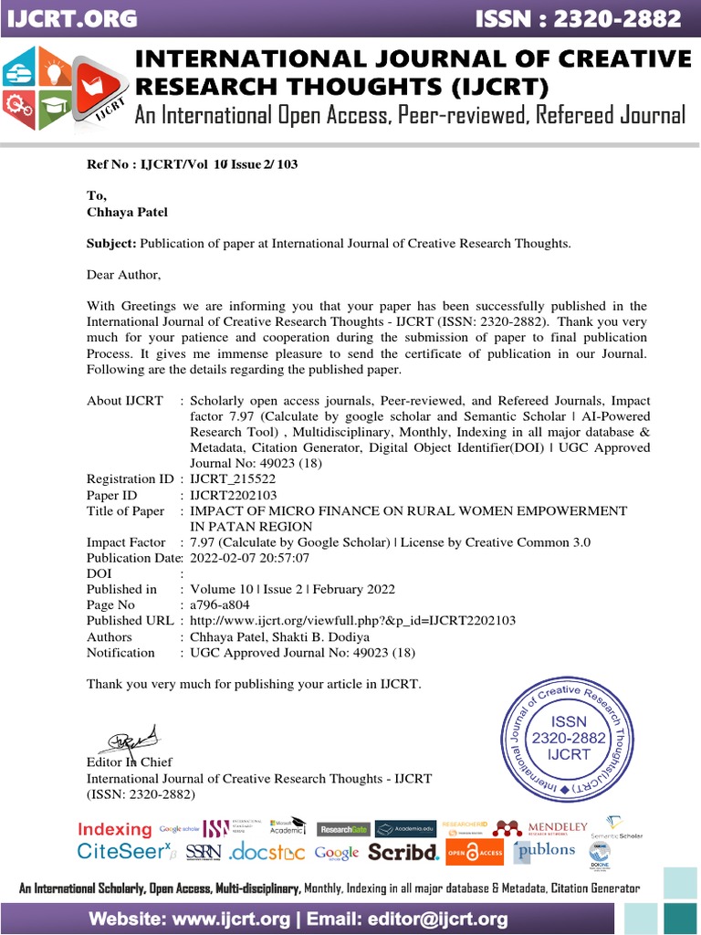 IJCRT Publication Confirmation | PDF