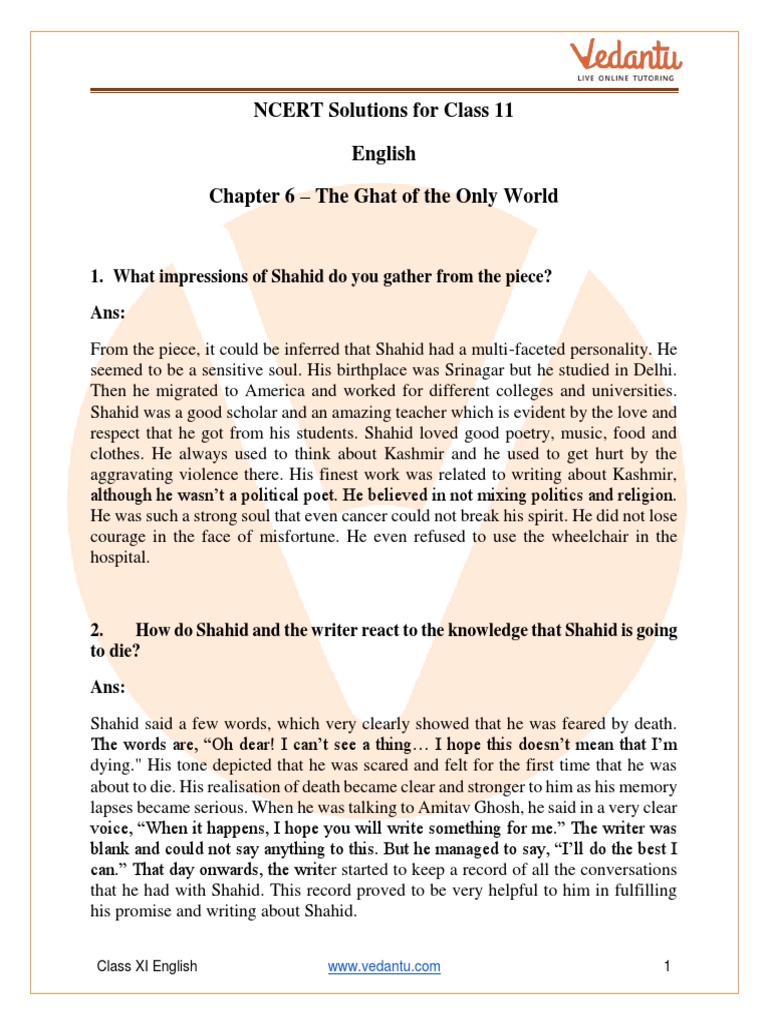 Class 11 English Snapshots Chapter 6 - The Ghat of The Only World | PDF ...