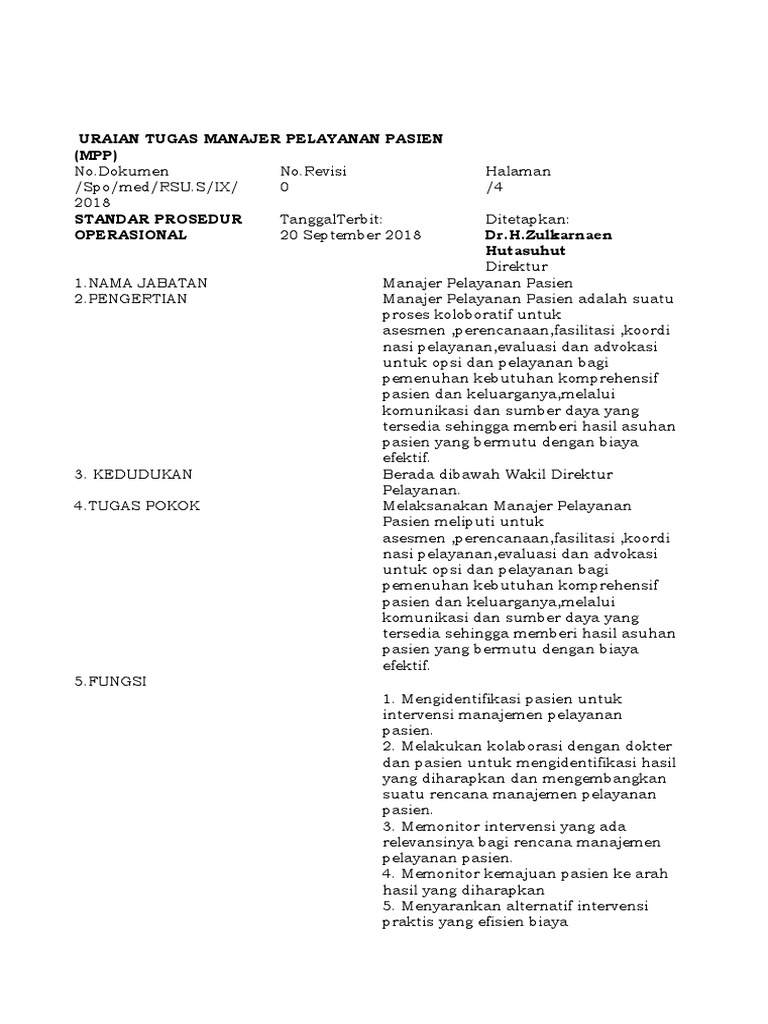 Uraian Tugas Manajer Pelayanan Pasien | PDF | Karier & Perkembangan | Bisnis