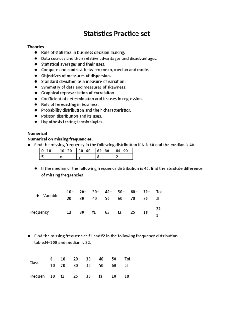Statistics Practice Set | PDF | Mean | Median