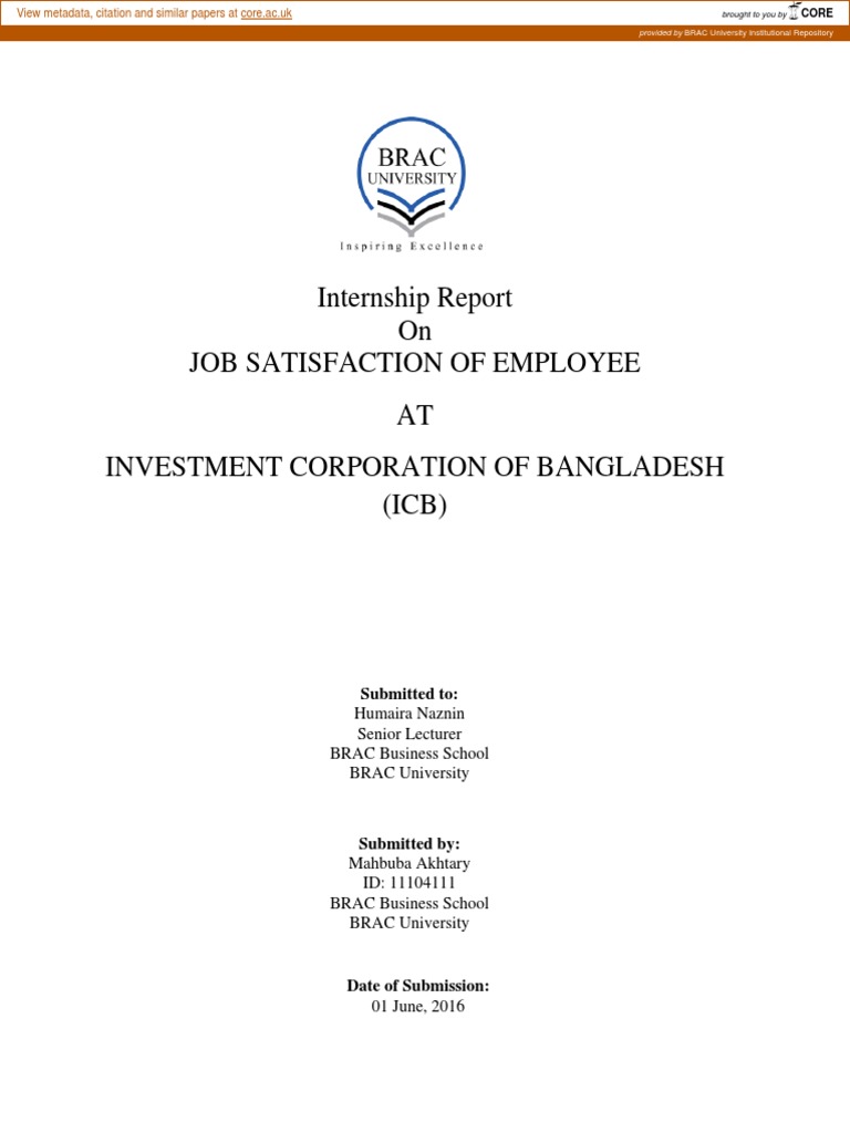 Internship Report On Job Satisfaction of Employee AT Investment Corporation of Bangladesh (ICB ...