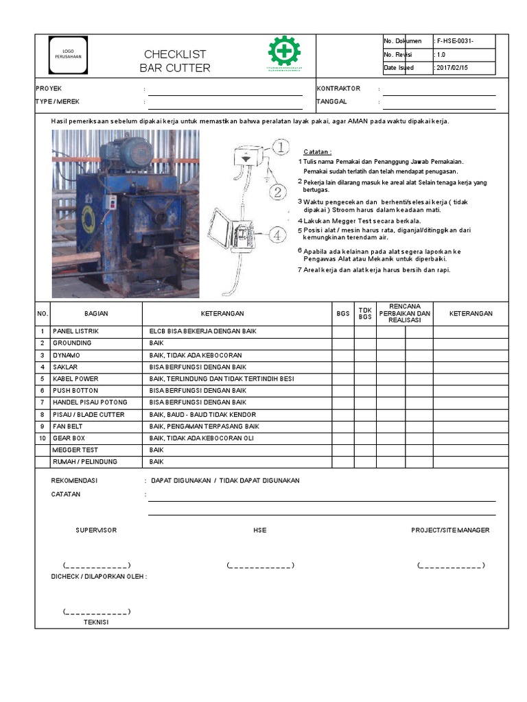 Form Checklist Inspeksi Bar Cutter | PDF