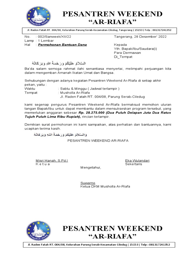 Permohonan Donasi Pesantren Ar-Riafa | PDF