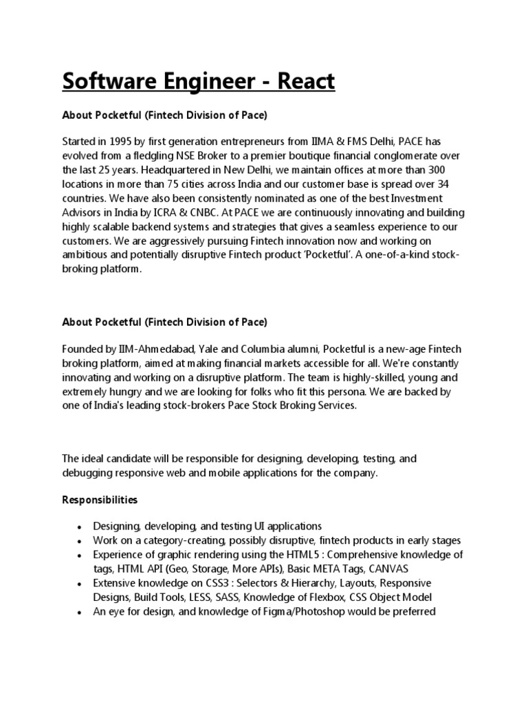Software Engineer React For Fintech Startup Pdf Software 2189