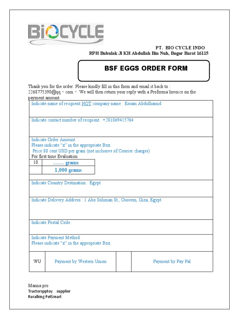 BSF Eggs Ordering Form Biocycle | PDF