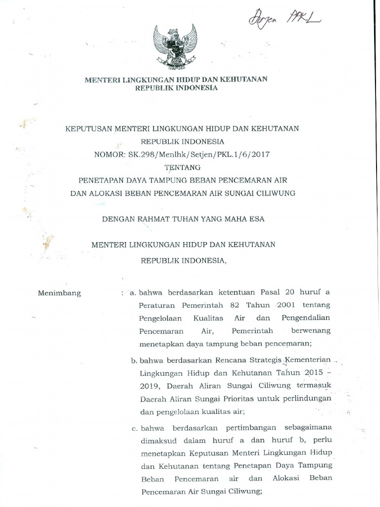 SK.298-Menlhk-Setjen-PKL.1-6-2017 Tentang DTBP Sungai Ciliwung | PDF
