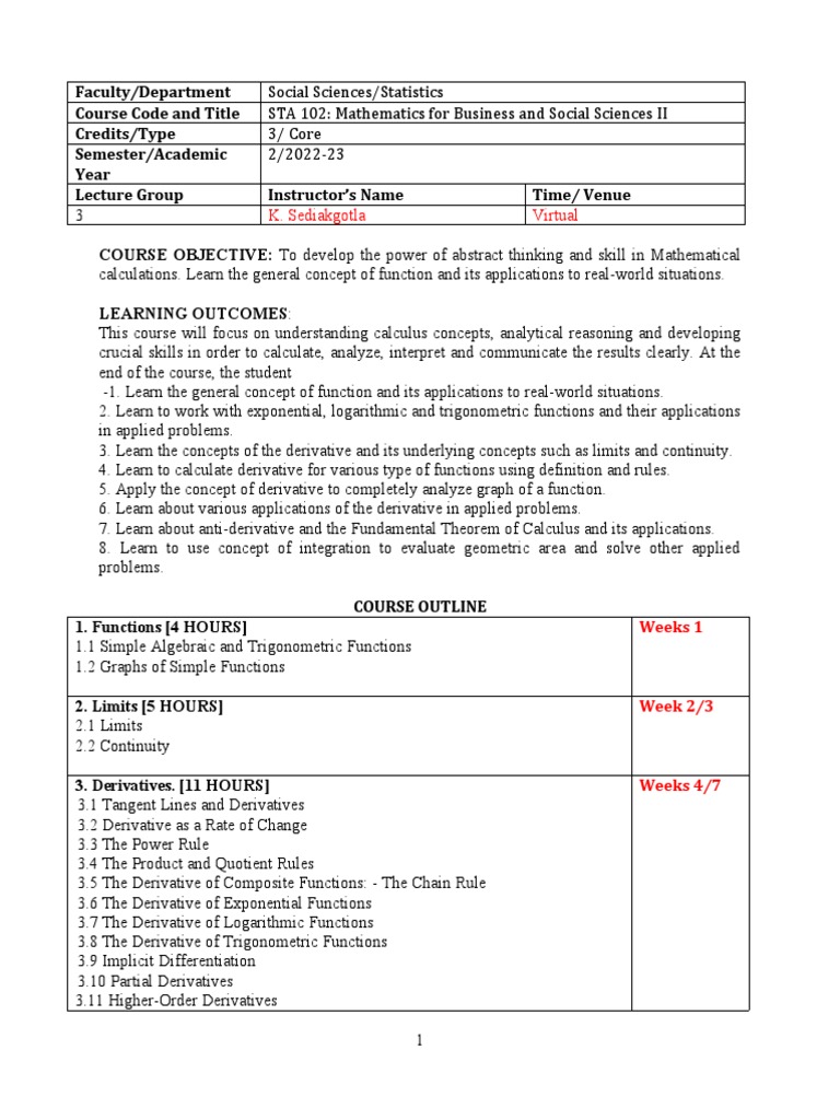 STA 102: Math for Business & Social Sciences | PDF | Function ...