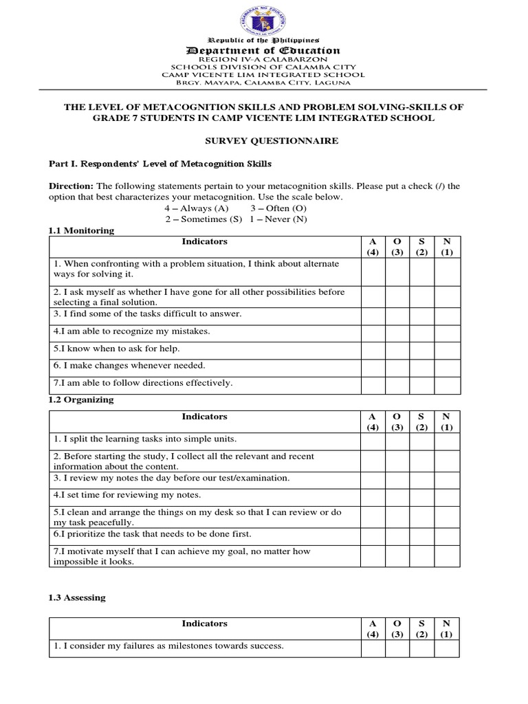 PR2 Questionnaire Final | PDF | Metacognition | Questionnaire
