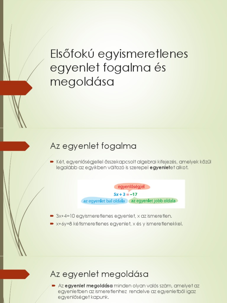 Elsőfokú Egyismeretlenes Egyenlet Fogalma És Megoldása | PDF
