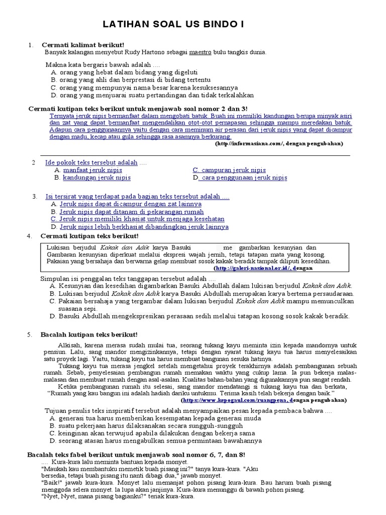 Latihan Soal Us Bindo I | PDF