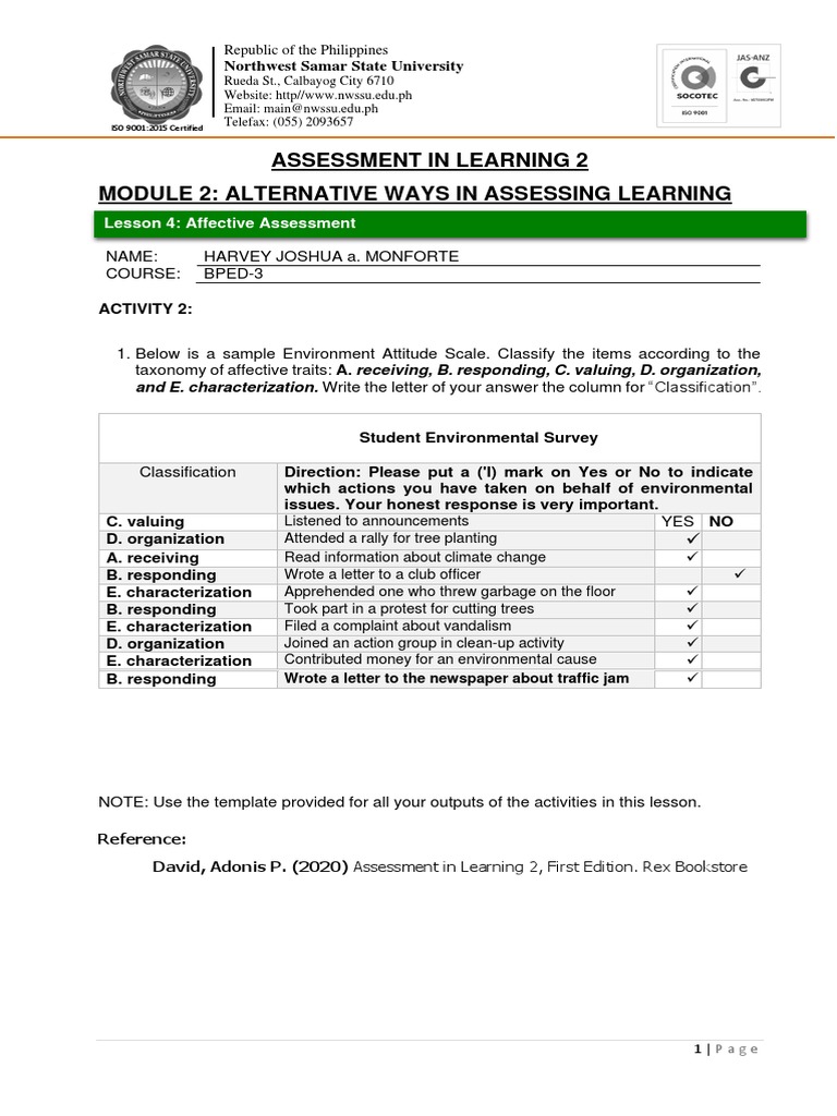 Assessment in Learning 2 Module 2: Alternative Ways in Assessing Learning | PDF