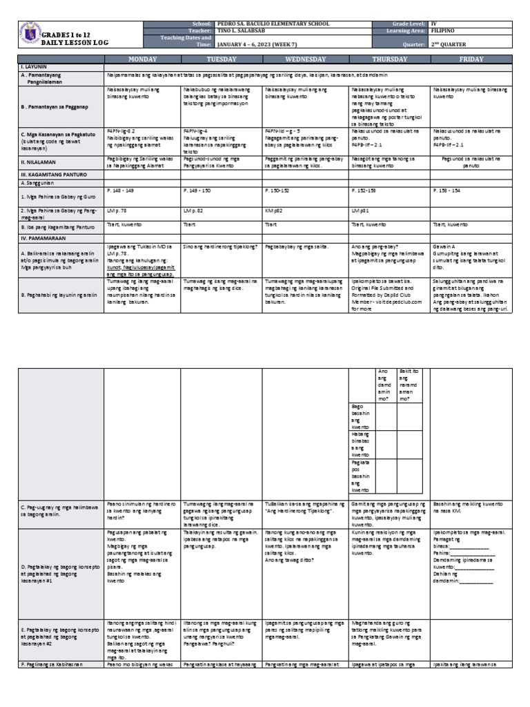 DLL - Filipino 4 - Q2 - W7 | PDF