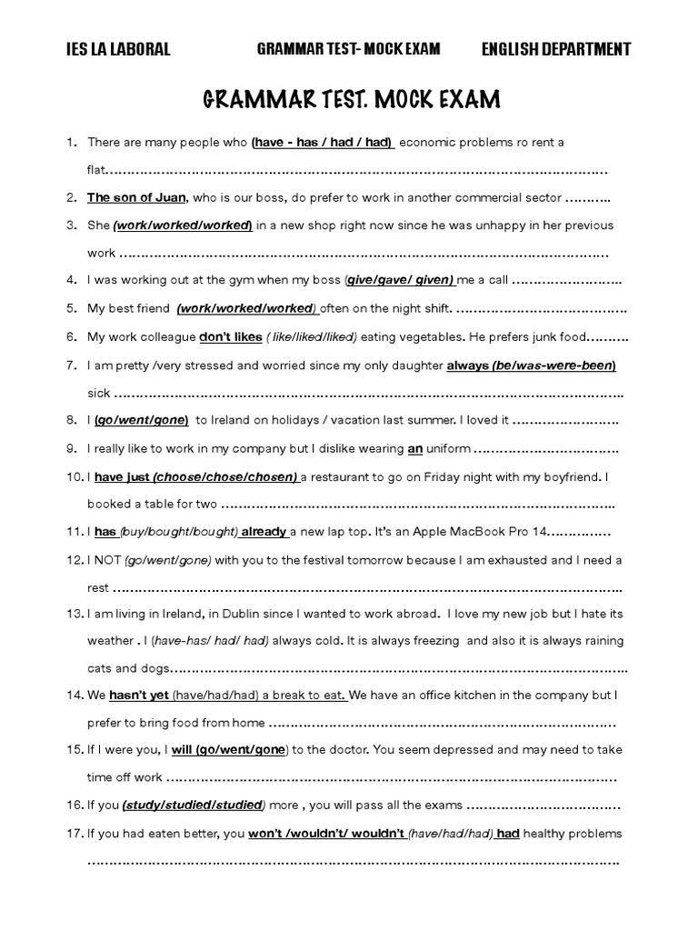 Grammar Test. Mock Exam | PDF